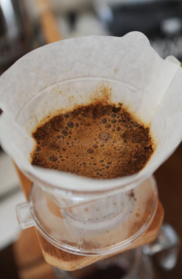 Coffee Blooming in Paper Filter Close Up Stock Photo - Image of ...