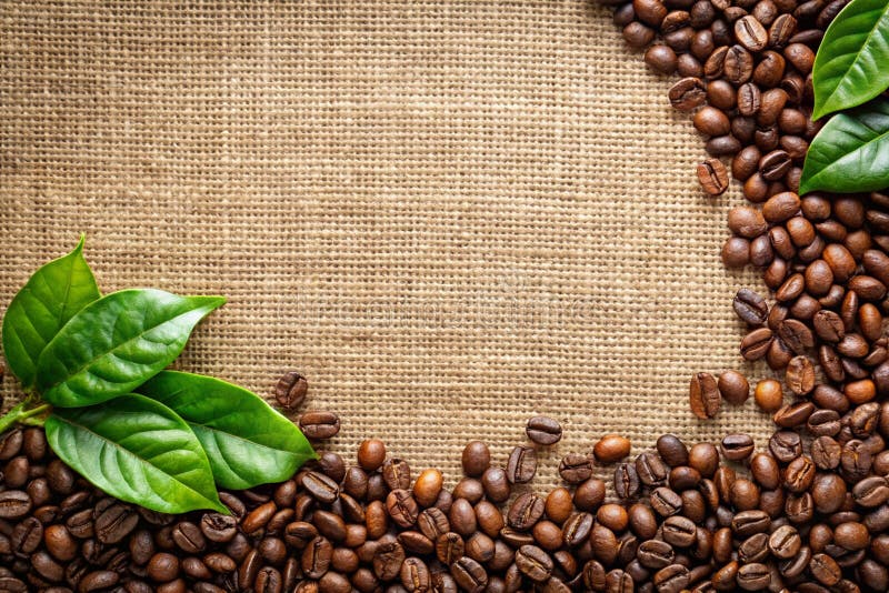 Coffee Border Design Coffee Beans and Leaf Over Burlap Background Stock ...