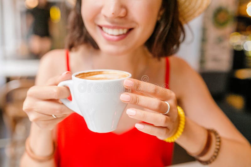 Coffee break in cafe stock image. Image of enjoy, brunette - 172790471