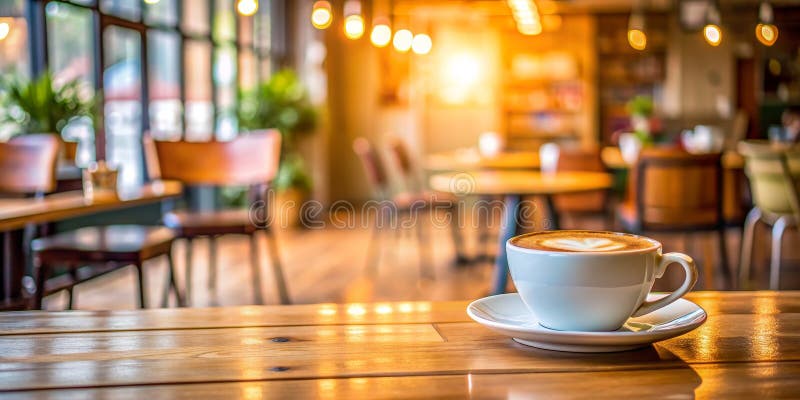 Coffee Break in a Cafe, Wooden Table, Latte Art, Warm Lights, Cafe ...
