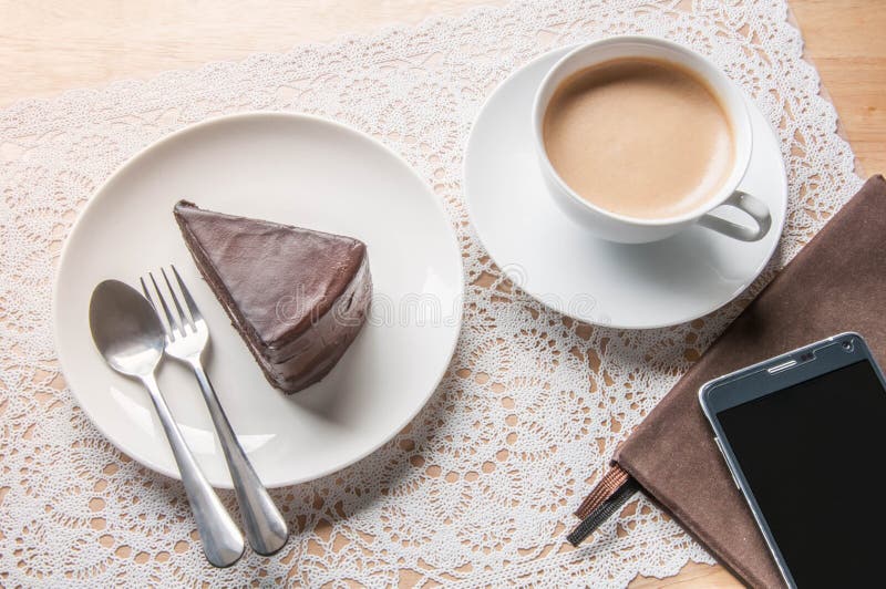 Coffee Break with Chocolate Cake on the Table Stock Image - Image of ...