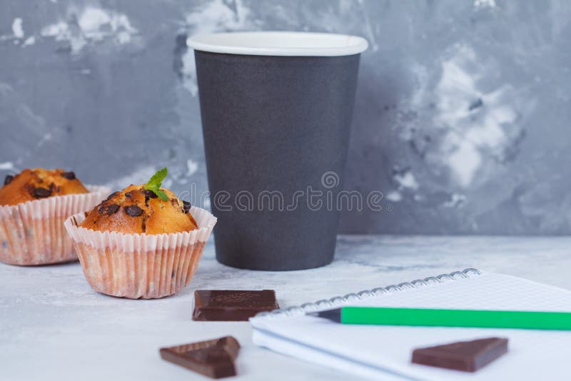 Coffee Break with Chocolate Muffins, Notebook and Pencil Stock Photo ...