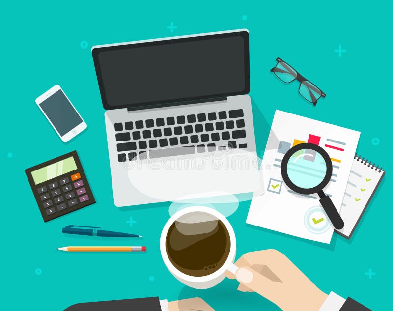 Coffee Break on Computer Workplace Desk Topview Flat Cartoon Vector or ...