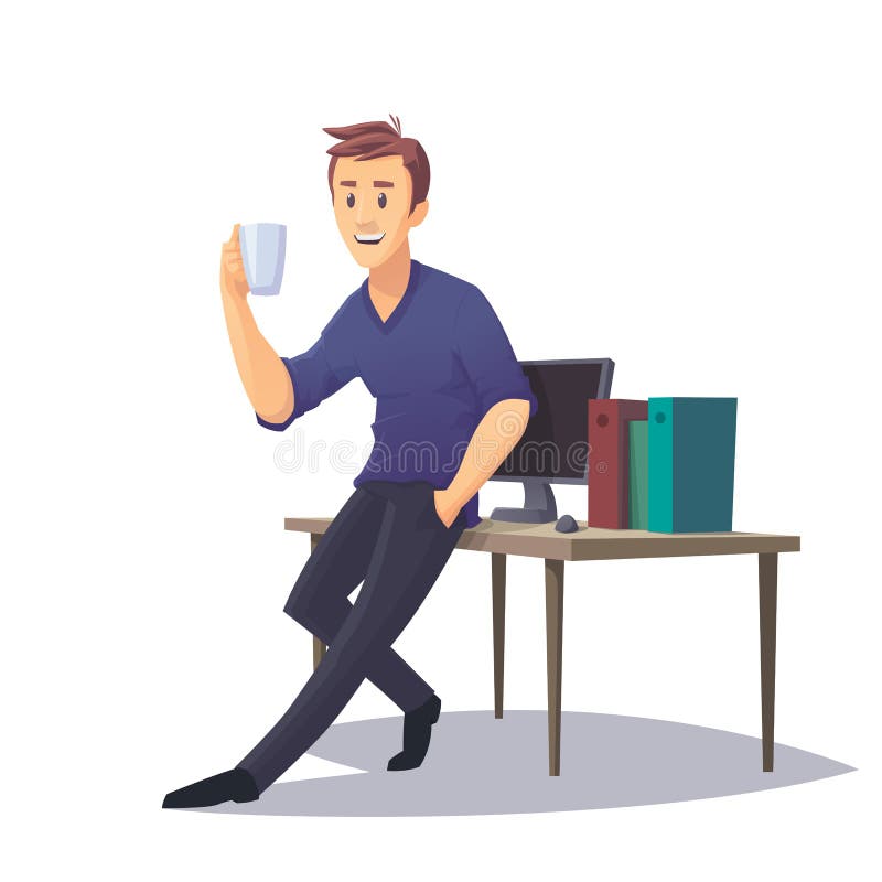 Coffee Break. Happy Office Worker Drinking Coffee or Tea Leaning on ...