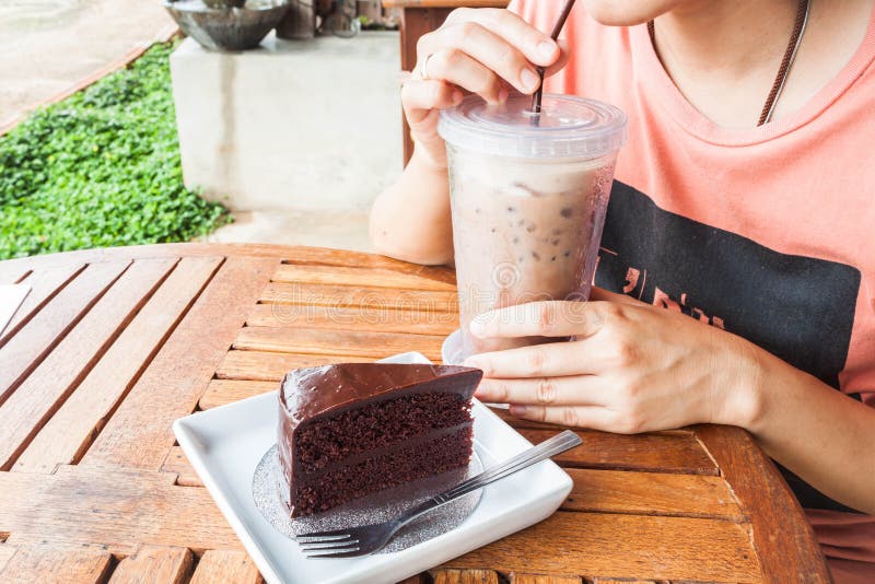 Coffee Break with Iced Coffee and Cake Stock Image - Image of brown ...