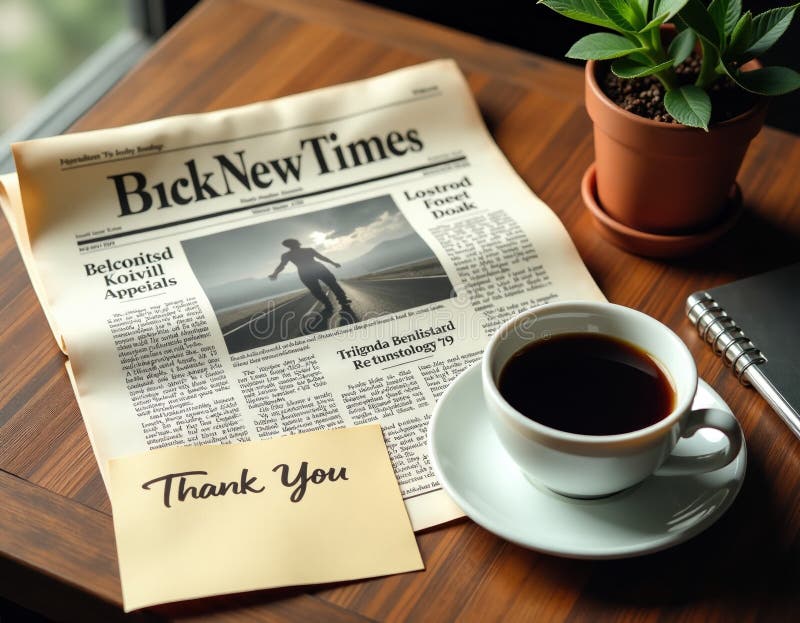 Coffee Break with Newspaper and Thank You Note Stock Illustration ...