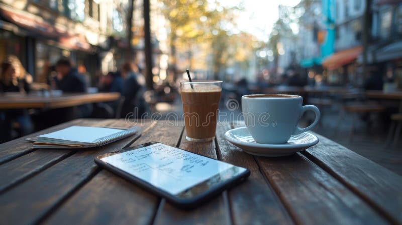 Coffee Break Notebook and Drinks on Outdoor Table Stock Illustration ...