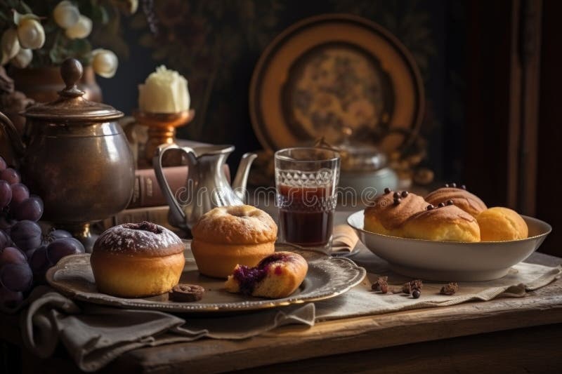 Coffee Break with Pastries and Mini Cakes in Vintage Setting Stock ...