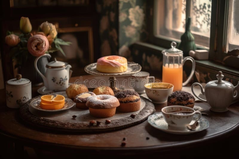 Coffee Break with Pastries and Mini Cakes in Vintage Setting Stock ...
