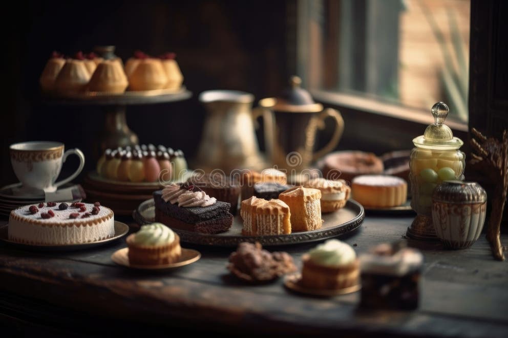 Coffee Break with Pastries and Mini Cakes in Vintage Setting Stock ...