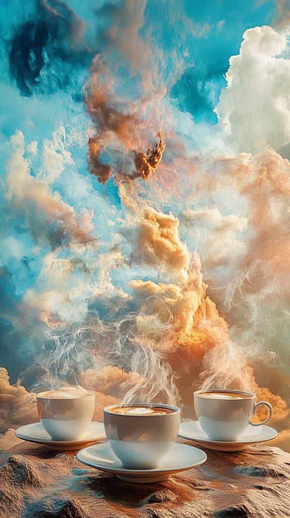 Coffee Break in Sky with Steaming Cups. Stock Photo - Image of roasted ...