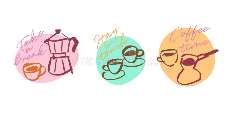 Coffee Break Stickers, Line Art Doodle Illustrations Stock Vector ...