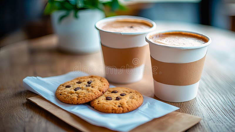 Coffee Break at Table with Paper Cups and Cookies Stock Image - Image ...