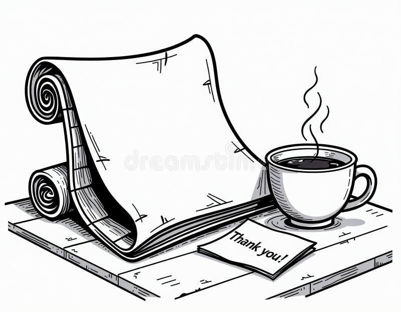 Coffee Break with Thank You Note and Rolled Paper Stock Illustration ...