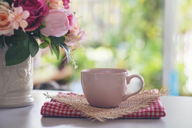 Coffee Break Time. a Cup of Coffee, and Rose Flower Vase Place on White ...