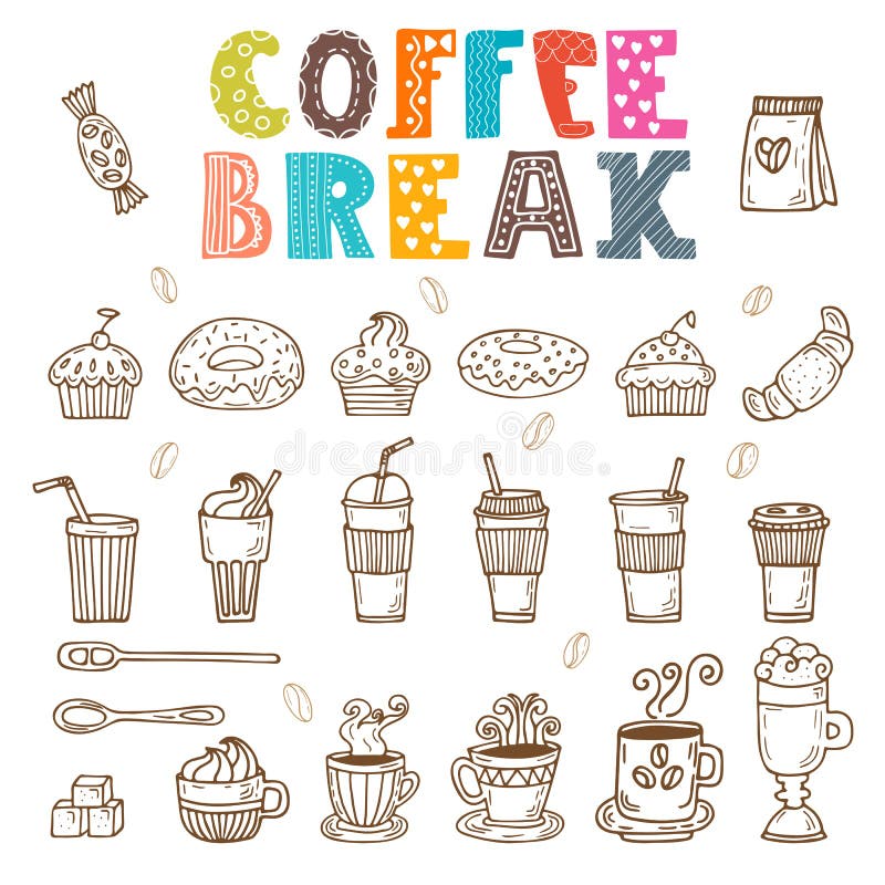 Coffee Break. Vector Doodle Set Stock Vector - Illustration of aroma ...