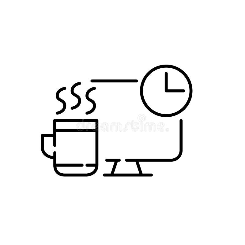 Coffee Break at Work. Hot Mug and Clock at Desktop Computer. Pixel ...