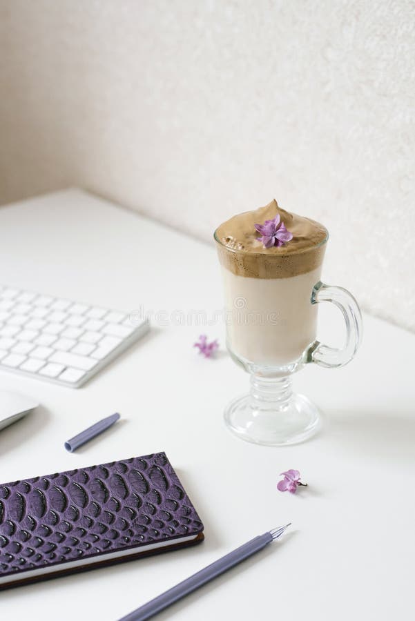 Coffee Break at the Workplace. Dalgona Coffee, Notepad, Pen and ...