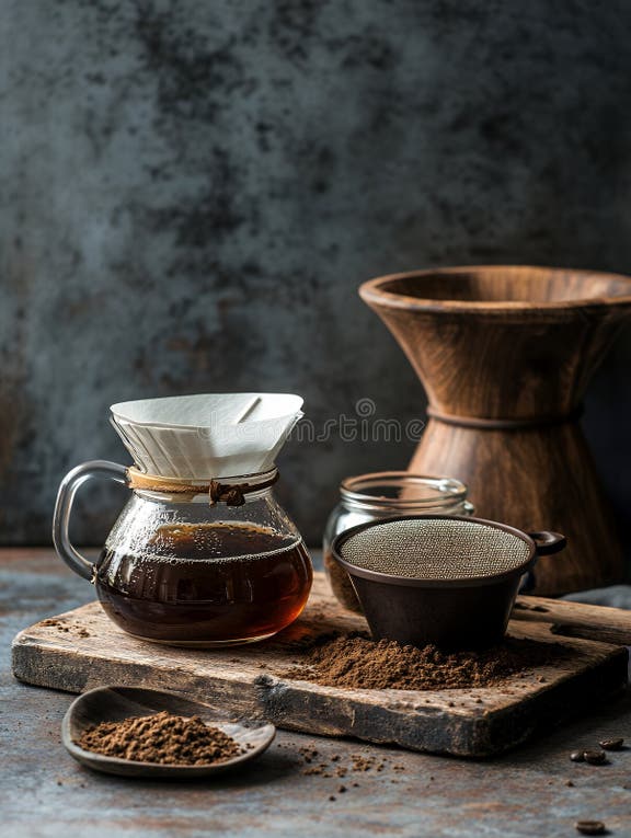 Coffee Brewing Essentials Including Filter, Grounds, and Tools on a ...