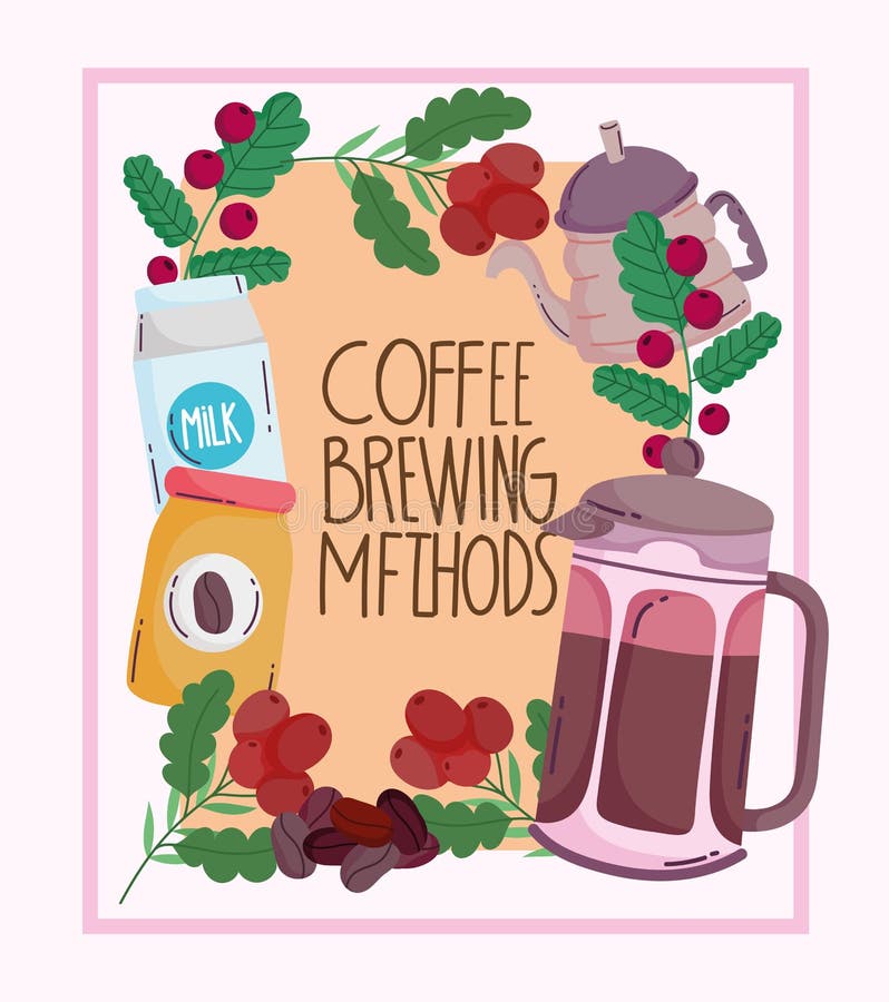 Coffee Brewing Methods, Vintage Poster with Kettle Pack Milk and Frame ...