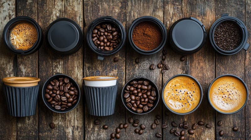 Coffee Brewing Process, Various Stages. Different Coffee Beans, Grounds ...