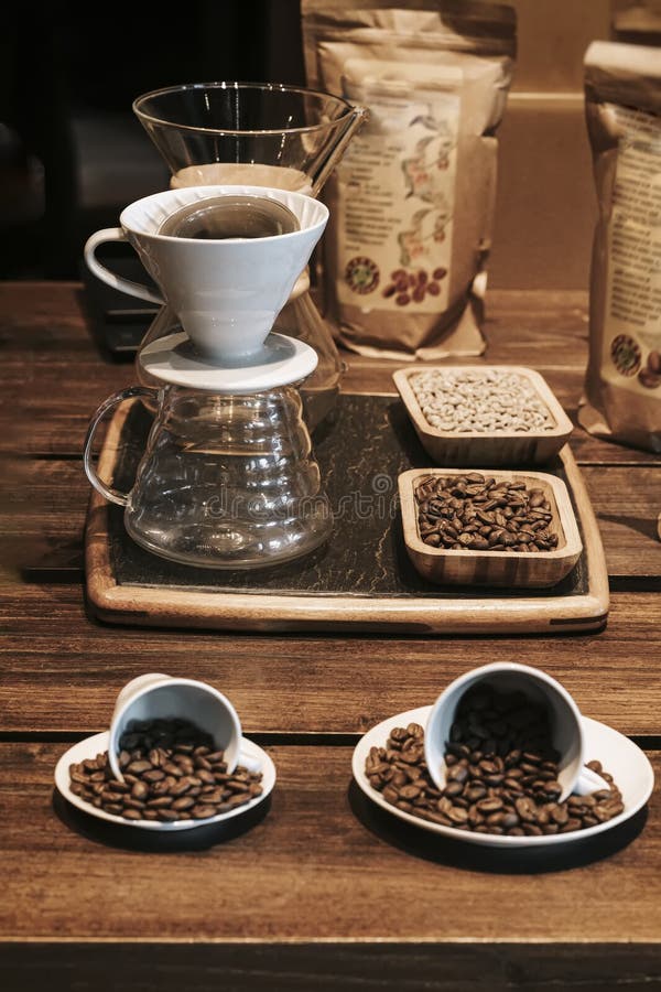 Coffee Brewing Setup Maker, Cups Filled with Coffee Beans Stock Image ...