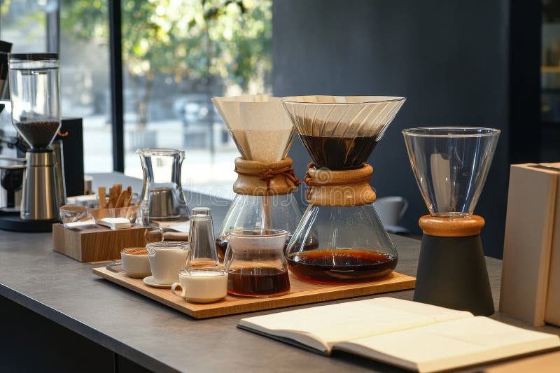 Coffee Brewing Setup with Two Glass Carafes, Cups, and an Open Notebook ...