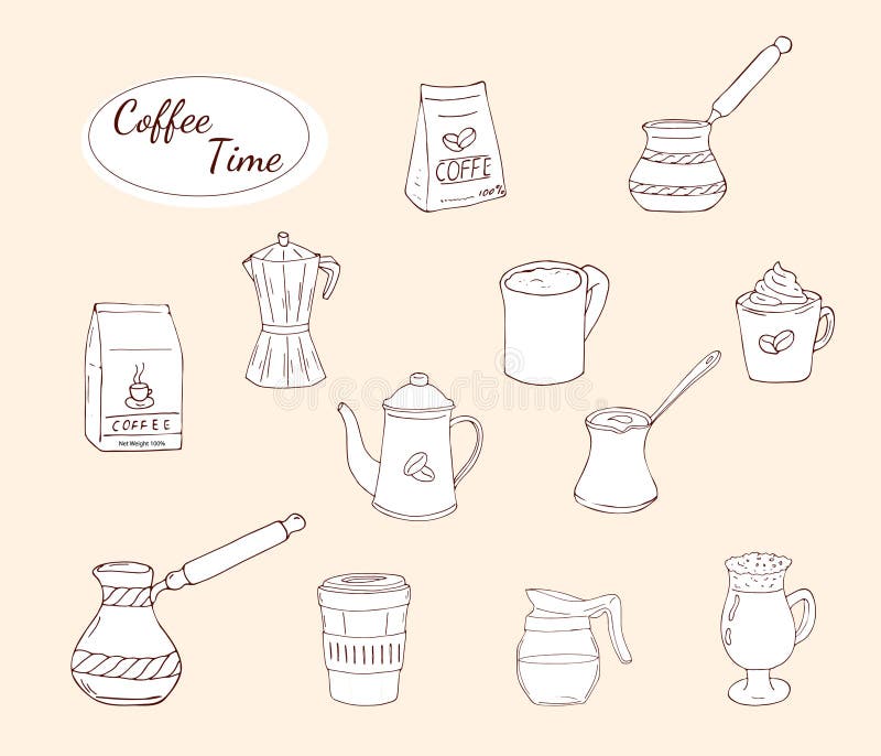Coffee Brewing Tools Hand-drawn Set Stock Vector - Illustration of ...