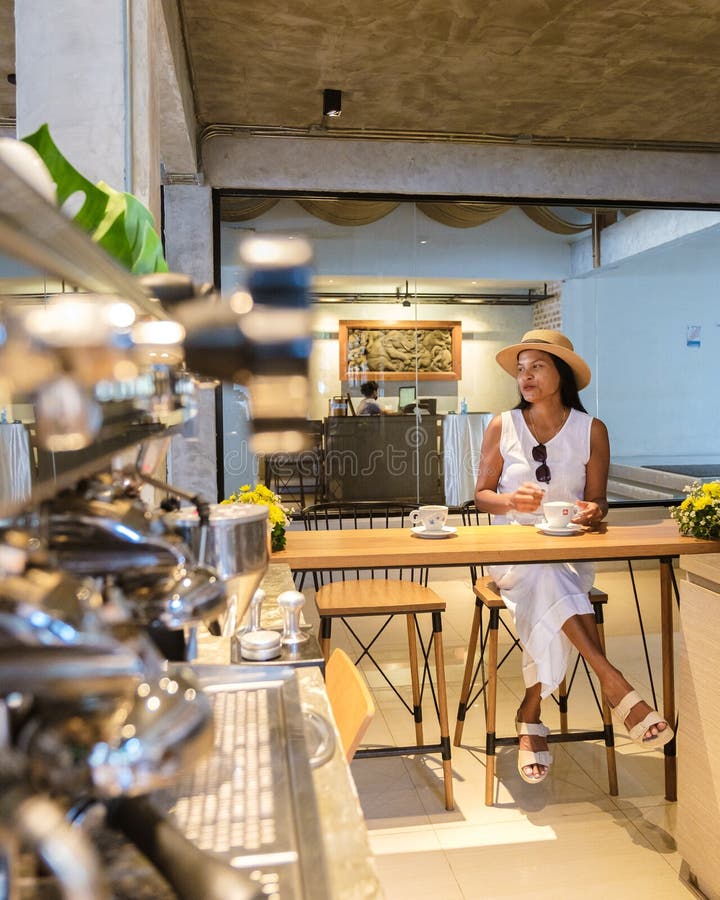 Coffee Cafe Inside , Asian Women Drinking Coffee in a Cafe Stock Image ...