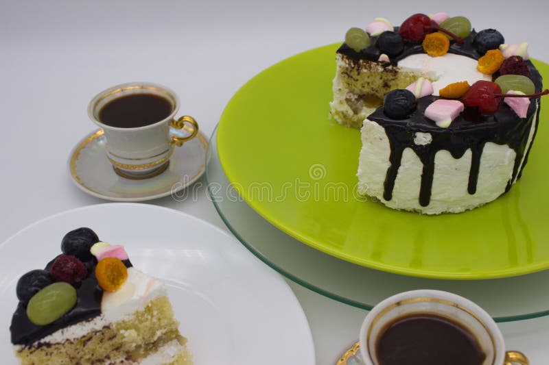 Coffee and Cake Slice with Fruit Toppings Stock Photo - Image of ...