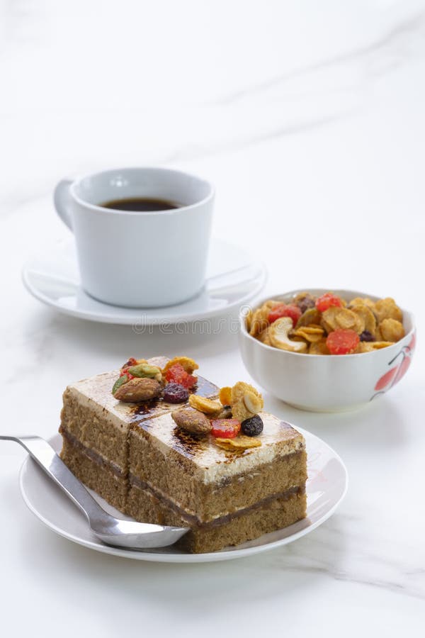 Coffee Cake with Toppings and Black Coffee on Marble Tabletop Stock ...