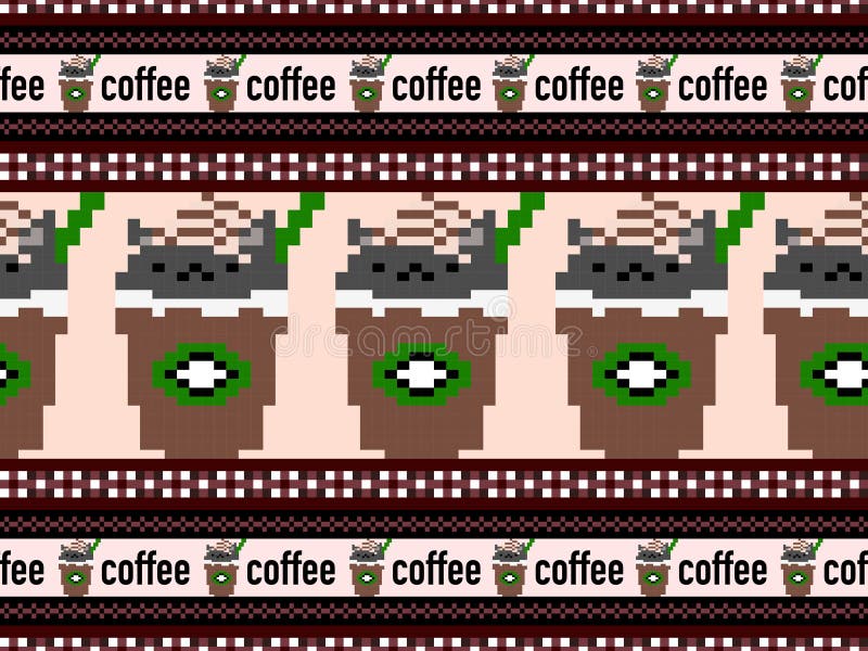 Coffee Cartoon Character Seamless Pattern on Brown Background.Pixel ...