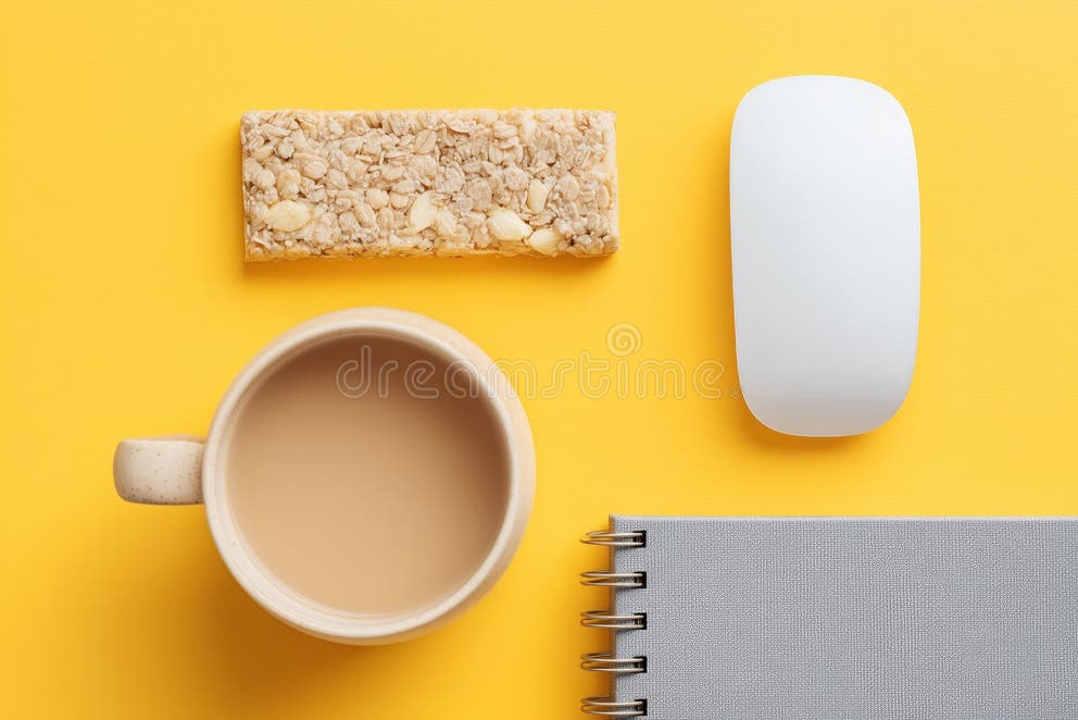 Coffee, Cereal Bar, Computer Mouse and Notepad on Yellow Background for ...