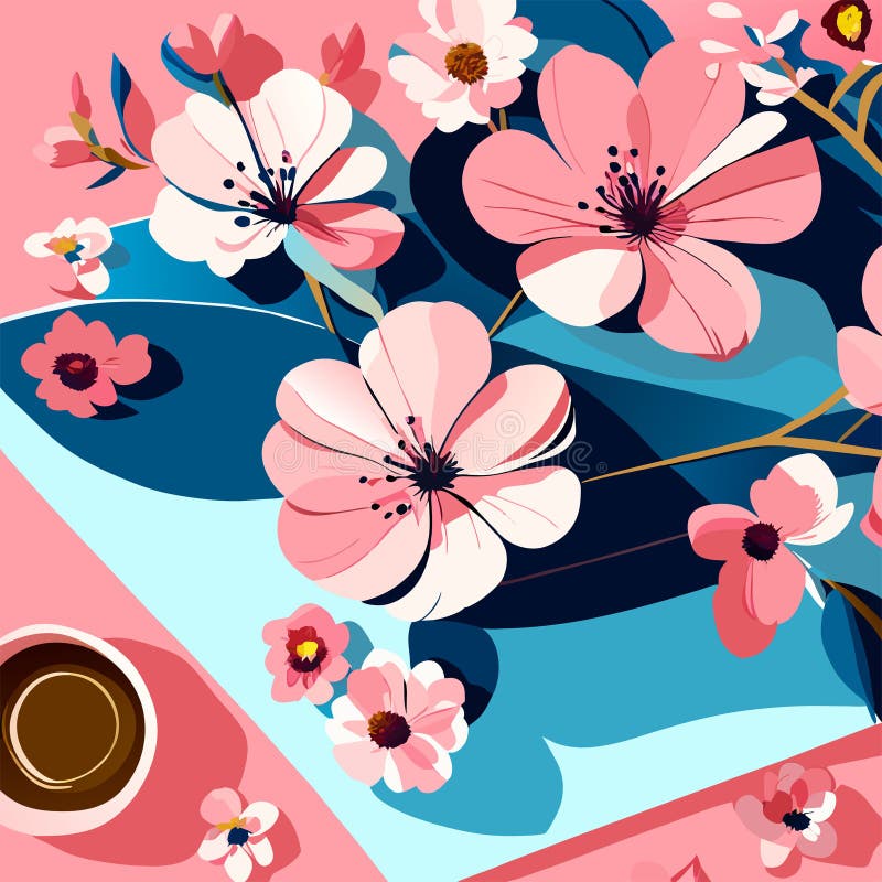 Coffee and Cherry Blossom. Seamless Pattern Stock Vector - Illustration ...