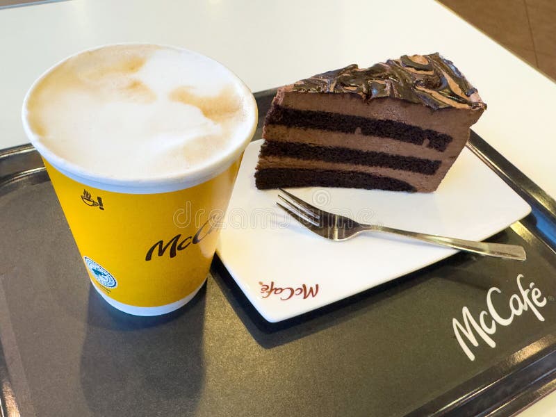 Coffee Cappuccino and Chocolate Cake on Tray at Cafe Editorial Stock ...