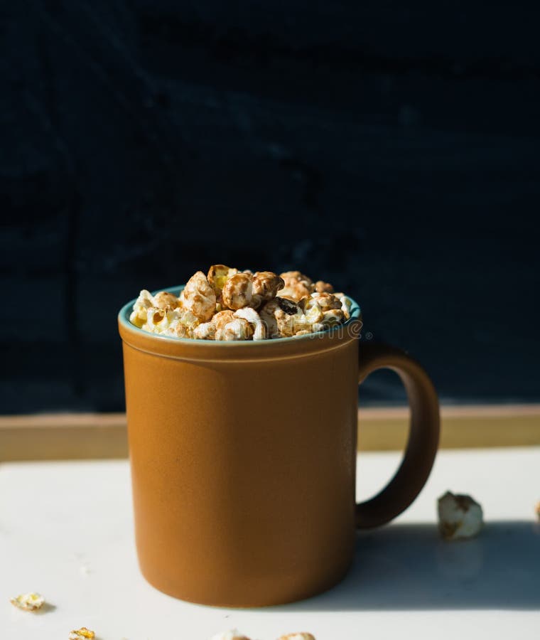 Coffee with Chocolate Popcorn and Whipped Cream. Sweet Concept Stock ...