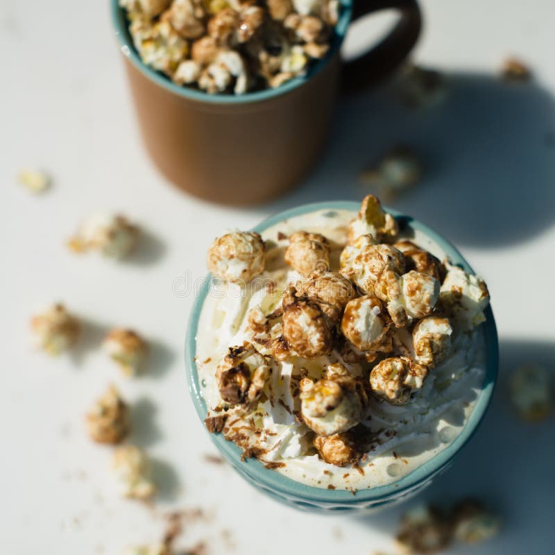Coffee with Chocolate Popcorn and Whipped Cream. Sweet Concept Stock ...