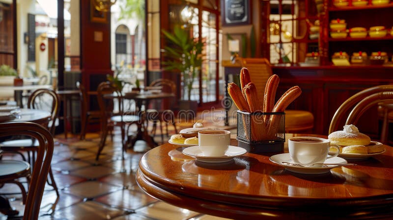 Coffee and Churros in a Spanish Cafe Stock Illustration - Illustration ...