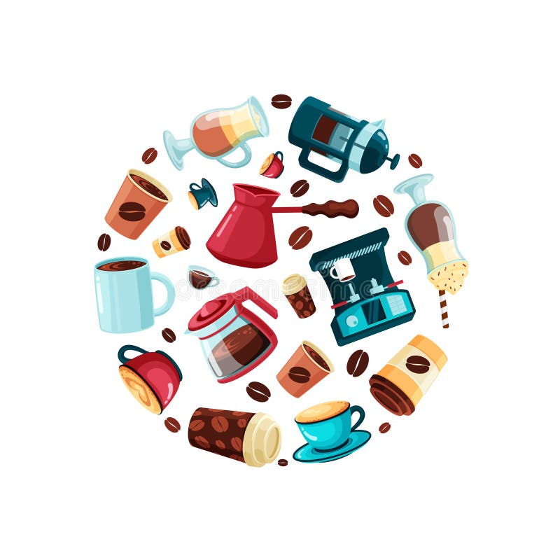 Coffee. Circle Design with Coffee Machine Beans Cup for Hot Drinks ...