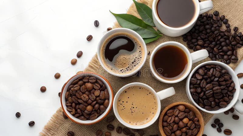 Coffee Collage of Various Cups and Coffee Beans. with Copy Space Image ...