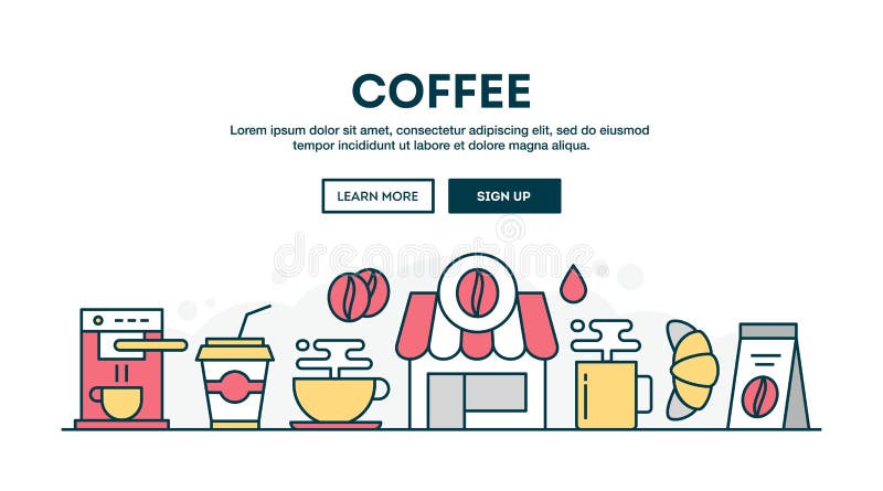 Coffee, Colorful Concept Header, Flat Design Thin Line Style Stock ...