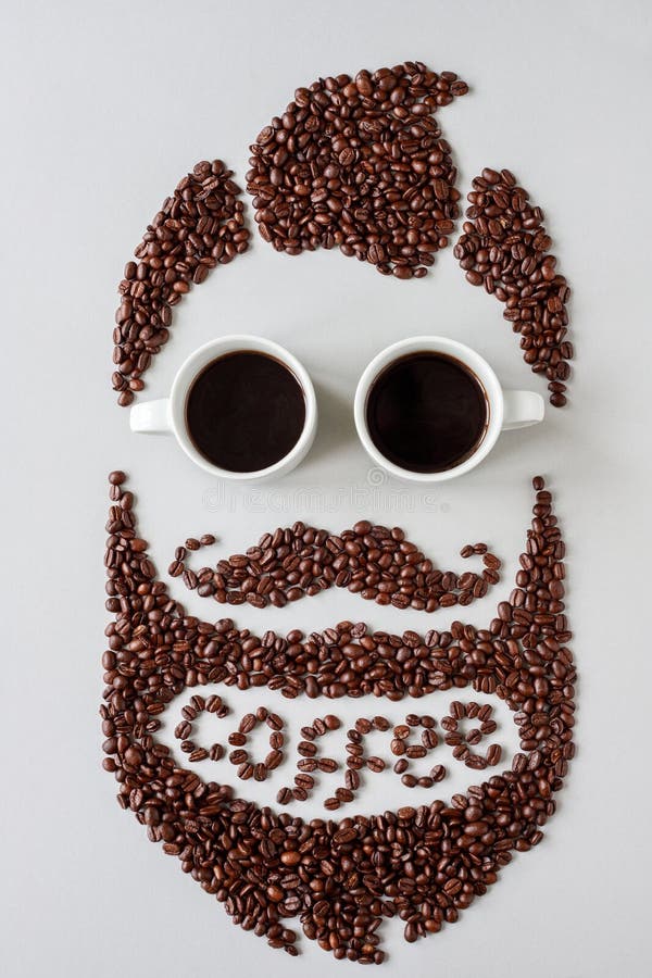 Bearded Hipster Man Made of Coffee Beans with Glasses Made of Cups of ... Bearded Hipster Man Made of Coffee Beans with Glasses Made of Cups of ...