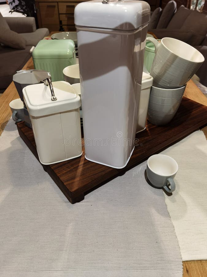 Coffee Container with Coffee Cups on Table Stock Photo - Image of food ...