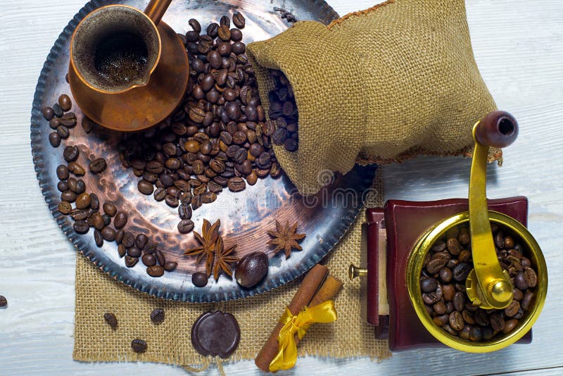 Coffee on a copper plate stock photo. Image of breakfast - 64250434