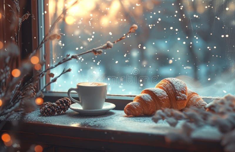 Coffee and Croissant Next To a Window Seat with Snow Stock Illustration ...