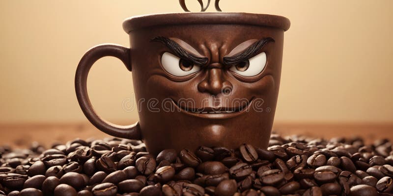 A Coffee Cup with an Angry Face is Perched Atop a Stack of Coffee Beans ...