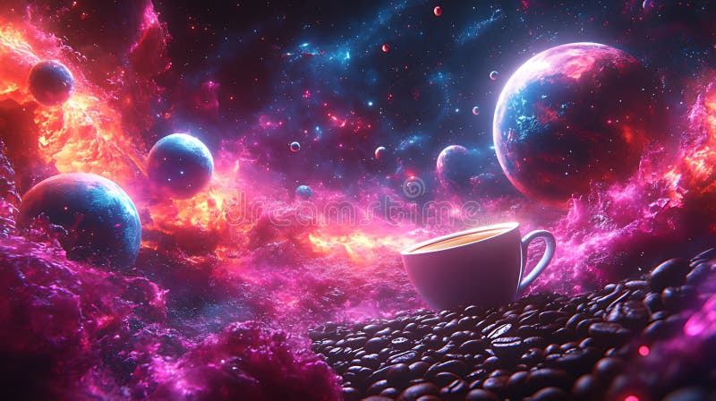 Coffee Cup on Beans, Cosmic Nebula Backdrop Stock Illustration ...