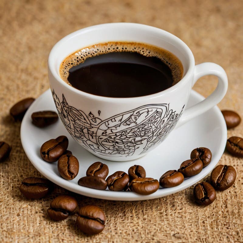 Coffee Cup with Coffee Beans and Hand-Drawn Coffee-Themed Designs Stock ...