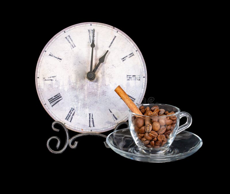 Coffee Cup Beans Isolated on a Black Background. Vanilla Stick Stock ...