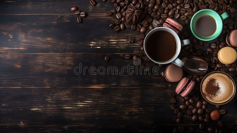 Coffee Cup and Beans on Old Kitchen Table. Top View, Generative Ai ...